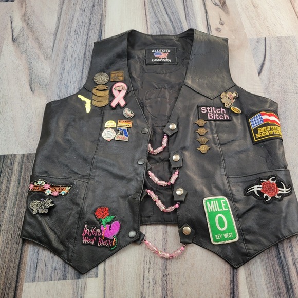Jackets & Coats | Biker Vest Womens Xl Black Genuine Leather Hog Pins ...